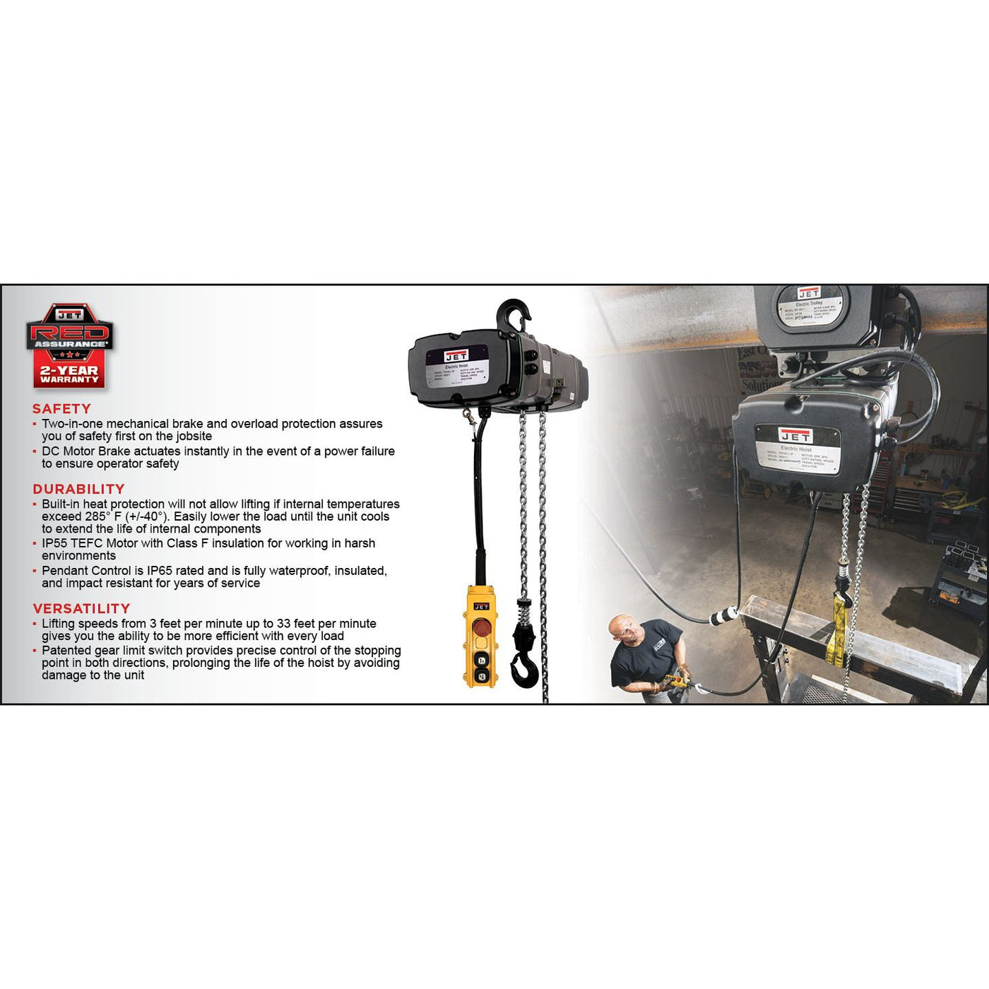 Chain Hoist | 1/2 Ton | Two Speed | Electric | 10' Lift | 3PH | JET JT ...